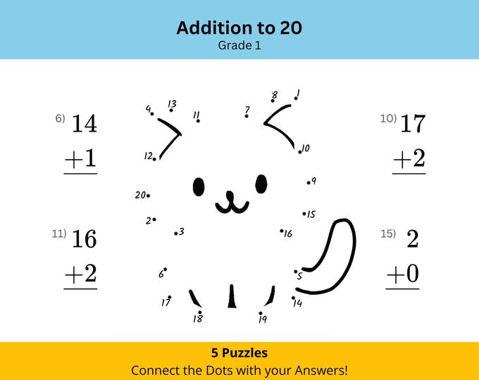 Grade 1 Math Addition & Connect the Dots Worksheets (digital Download ...