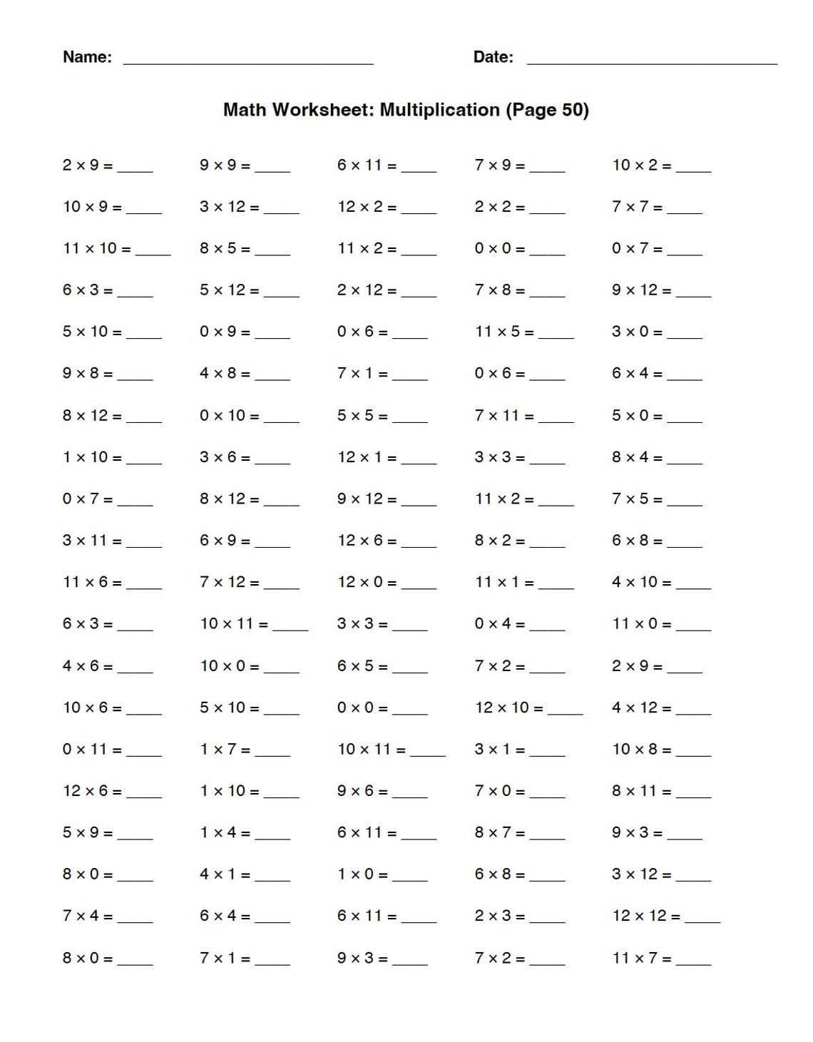 50 Multiplication Math Worksheets | 100 Problems per Page | Math Drills ...