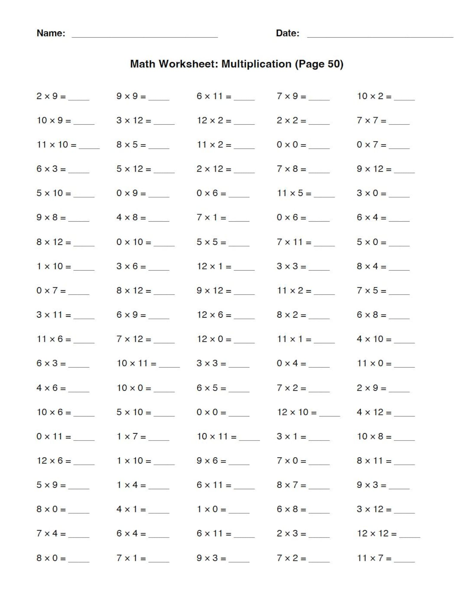 50 Multiplication Math Worksheets | 100 Problems per Page | Math Drills ...