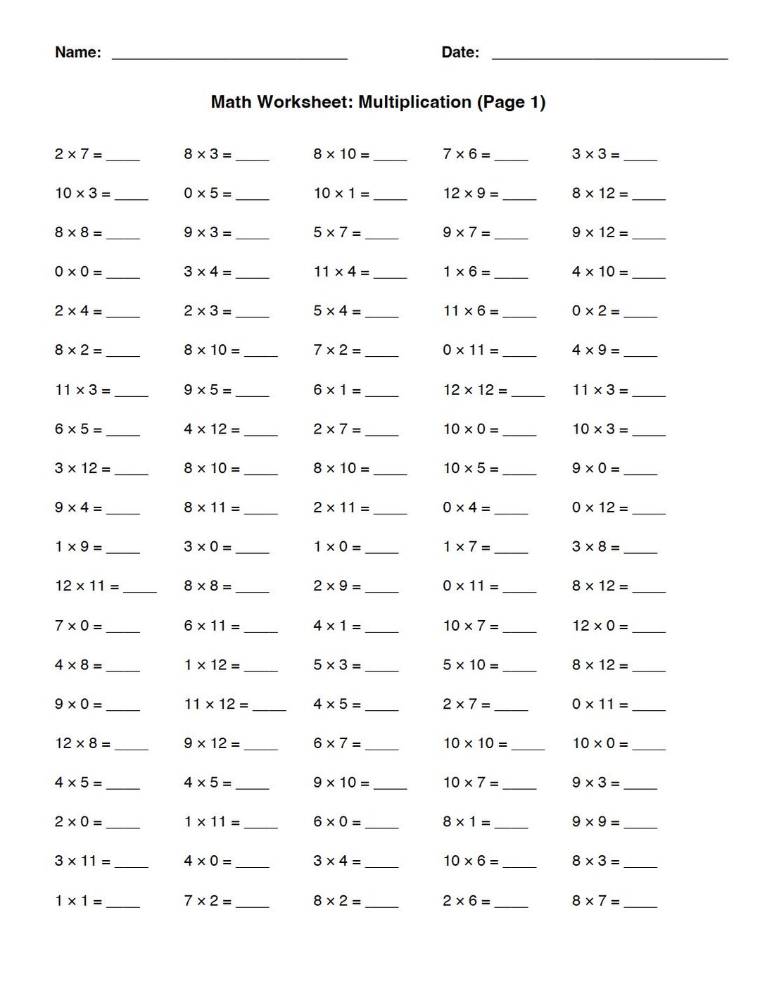 10 Multiplication Math Worksheets | 100 Problems per Page | Math Drills ...