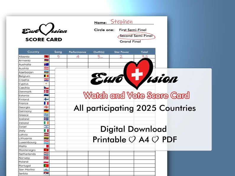 Eurovision 2025 Scorecard | Printable A4 PDF Download | Includes ...