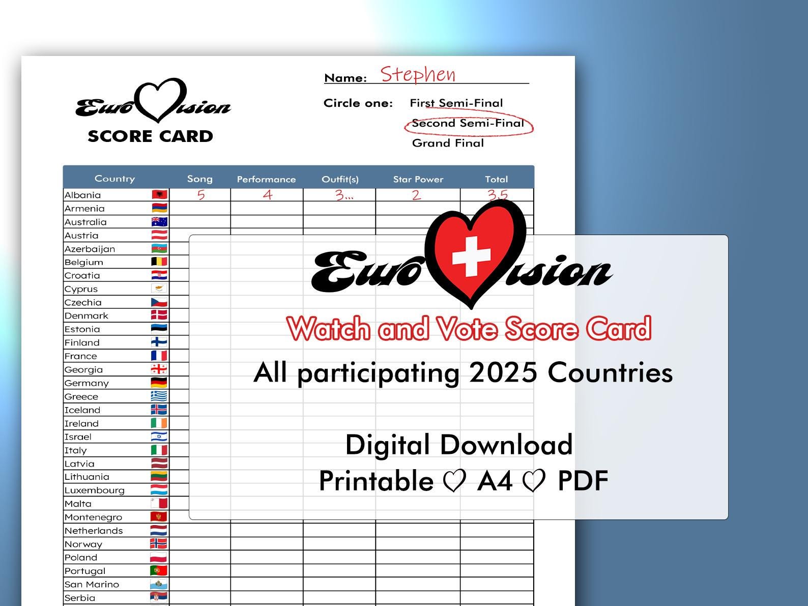 Eurovision 2025 Scorecard | Printable A4 PDF Download | Includes ...
