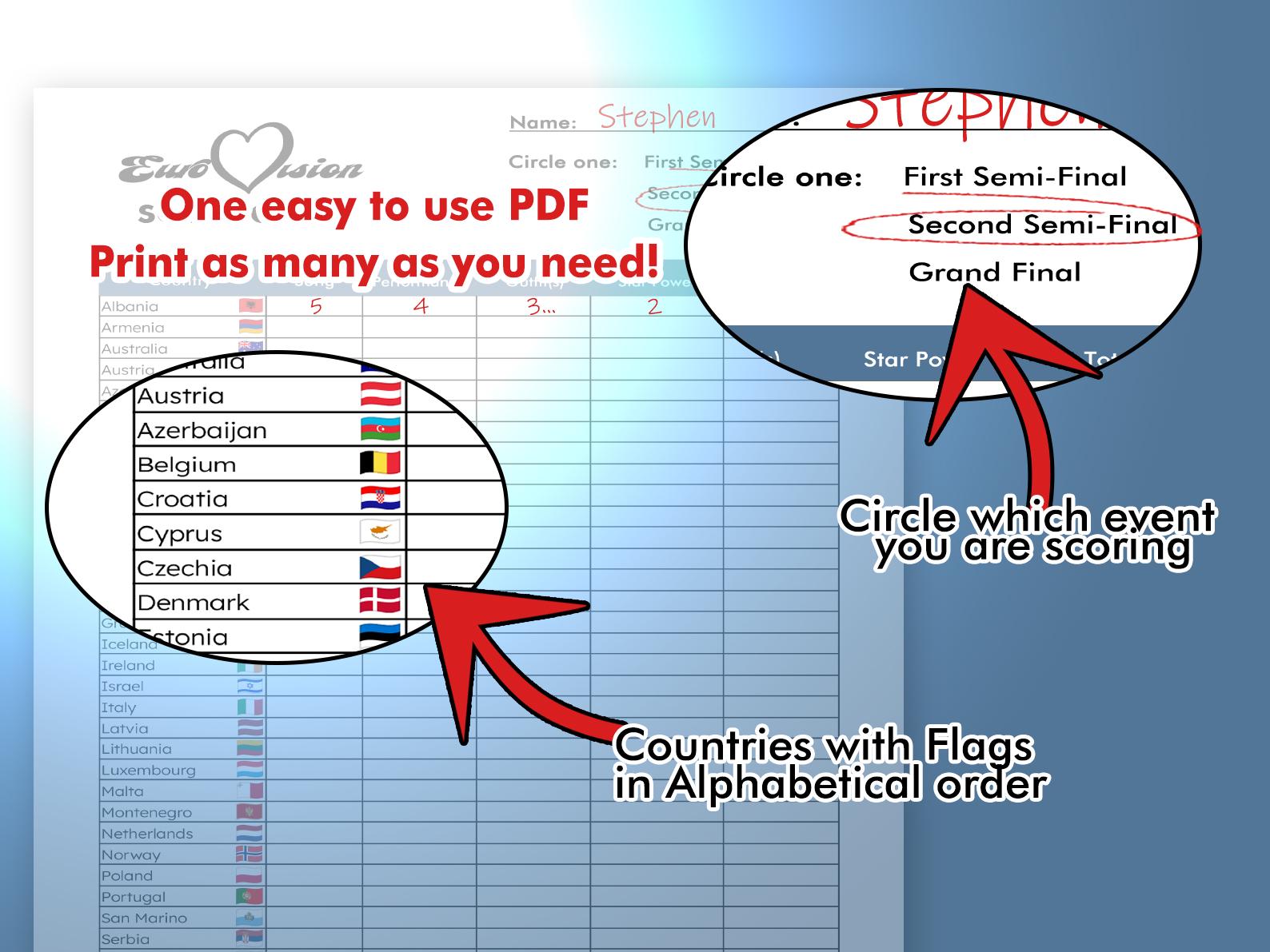 Eurovision 2025 Scorecard | Printable A4 PDF Download | Includes Country Flags & Names | Party ...