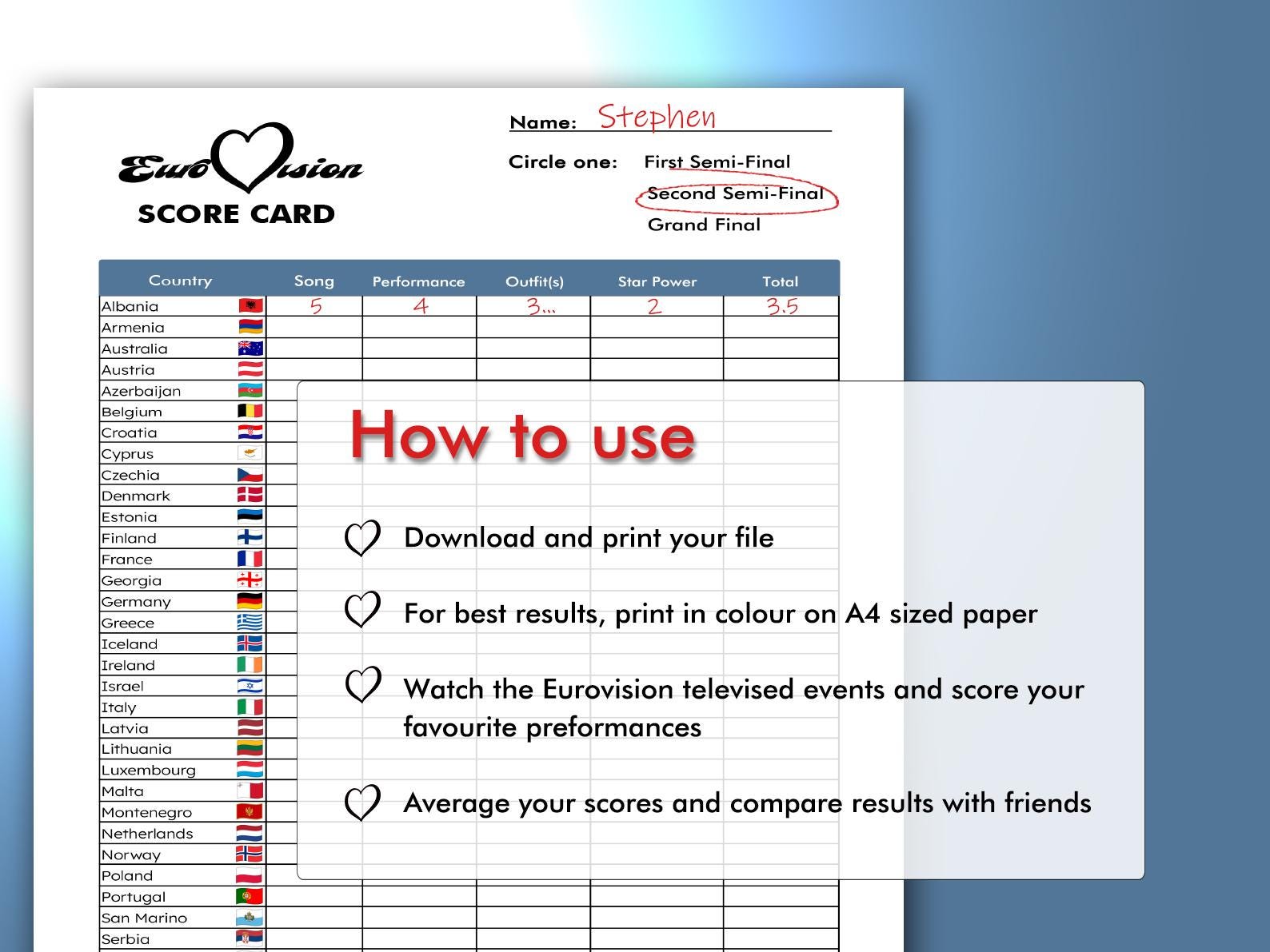 Eurovision 2025 Scorecard | Printable A4 PDF Download | Includes Country Flags & Names | Party ...