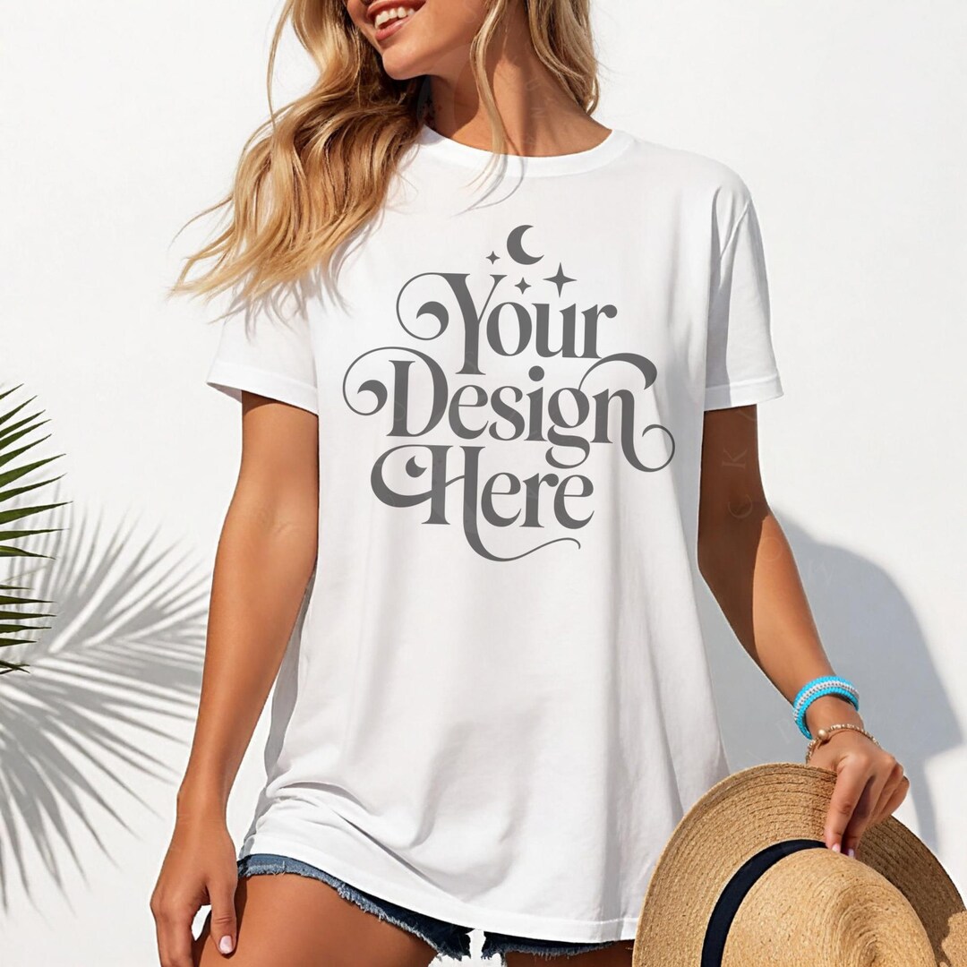 White Gildan 64000 Oversized Beach Themed Shirt Mockup G640 White ...