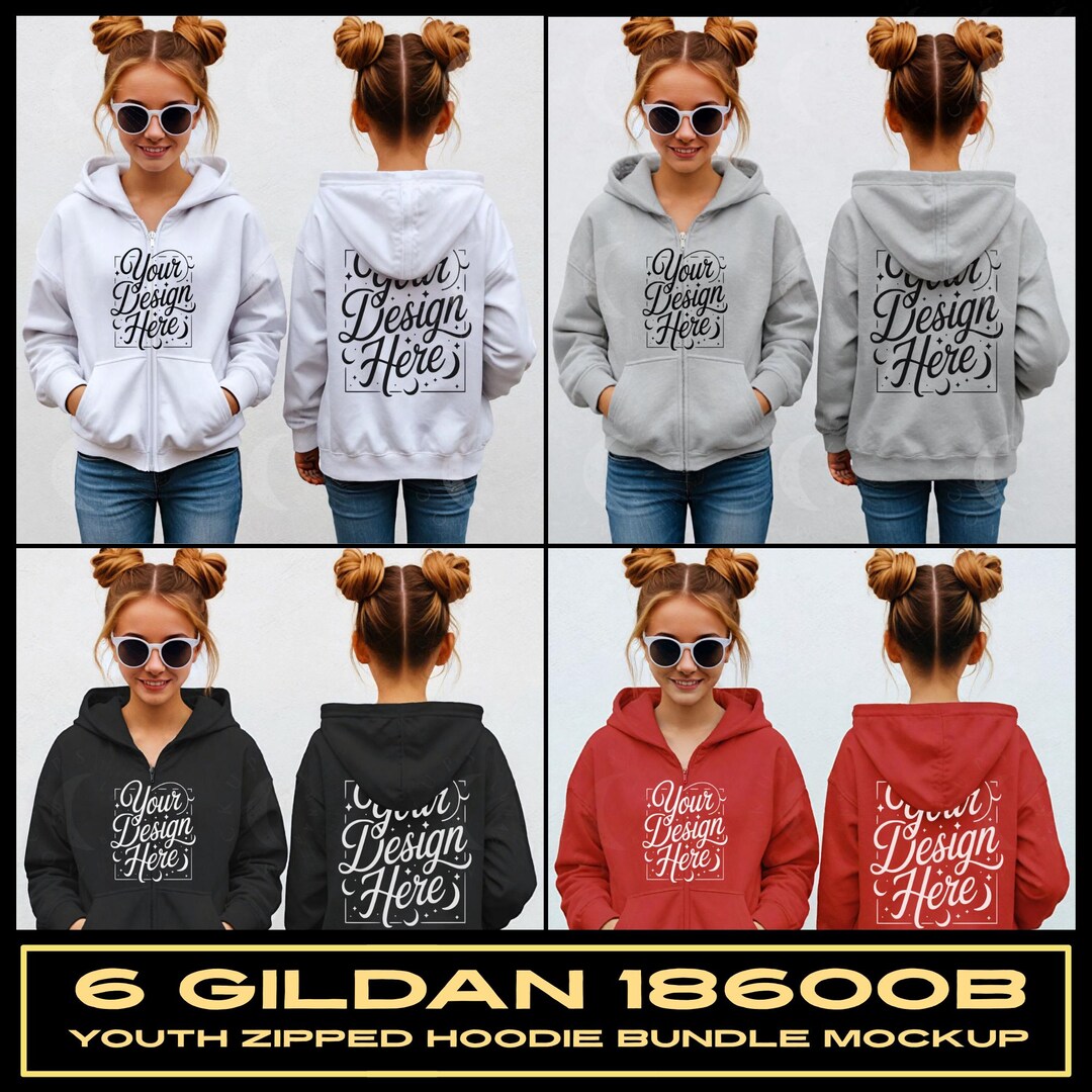 Gildan 18600B Front and Back Bundle Mockup Youth Heavy Blend Zipped ...