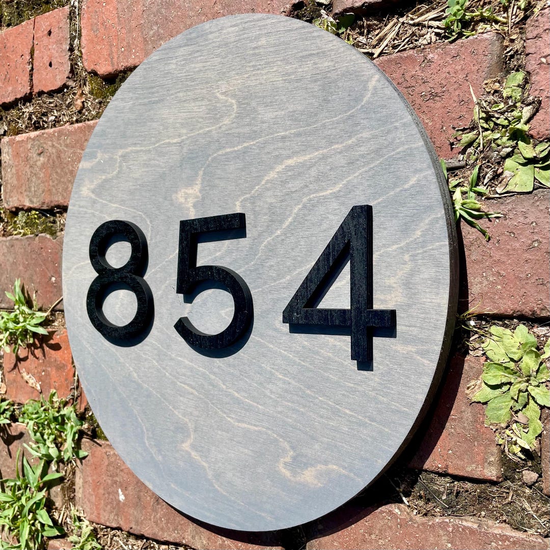 Custom Round Wood House Number Sign Modern Rustic Address Plaque Gray ...