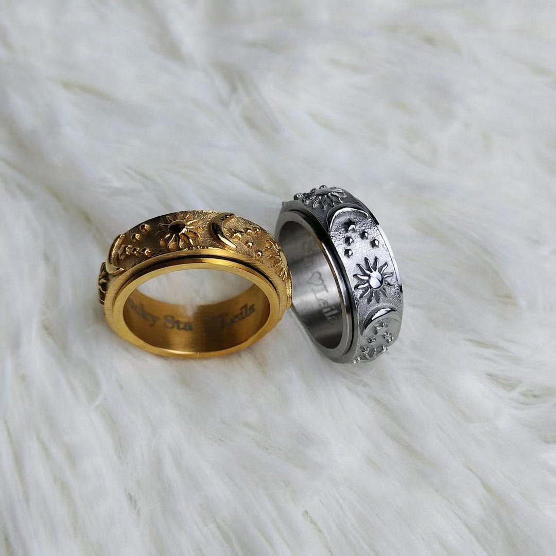 Vintage Rings, Personalized Sun, Moon, and Star Rings, Couple Pairing Rings, Custom Carved Rings ...