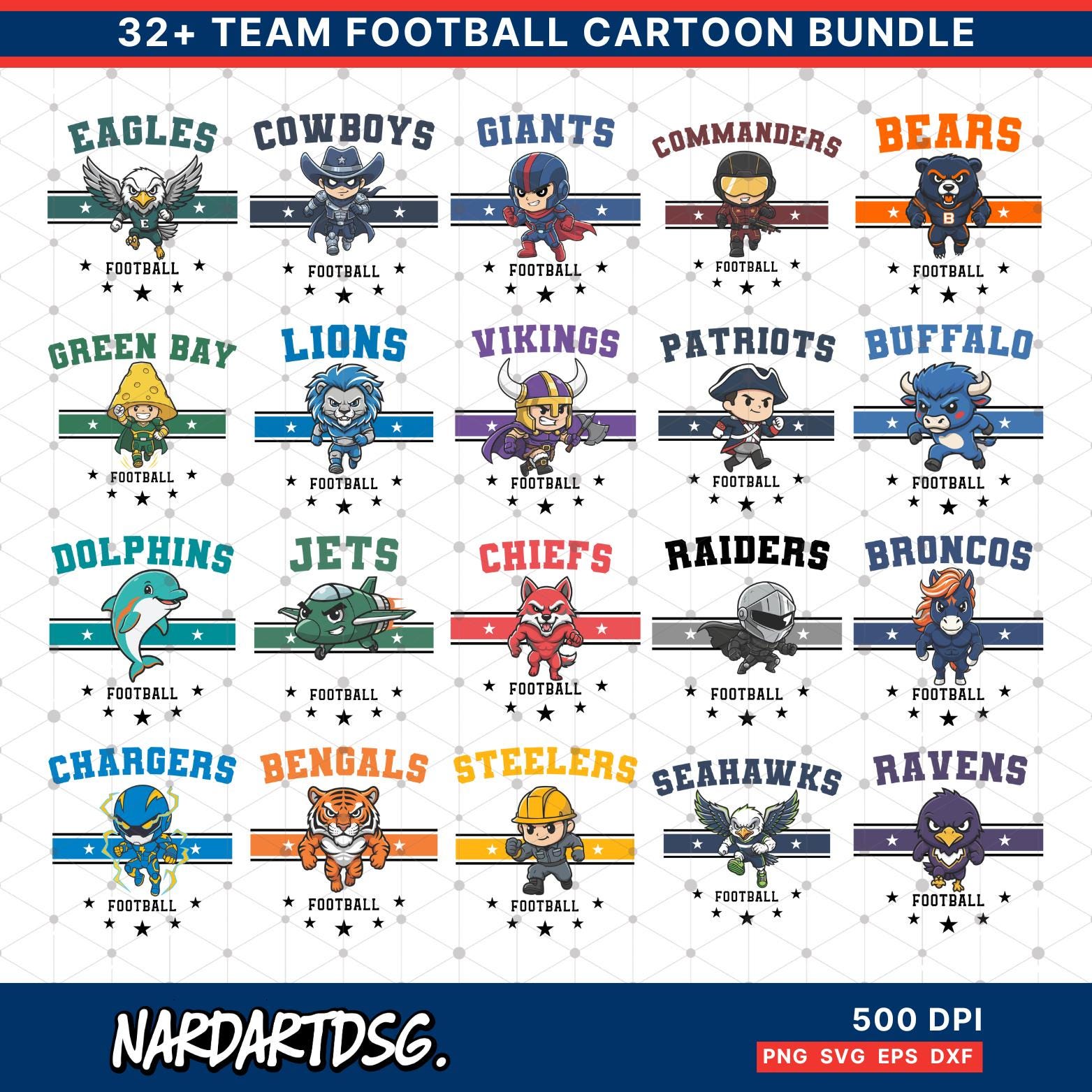 32+ Football Chibi Mascot Bundle Svg | Seahawks Bengals Bears Steelers ...