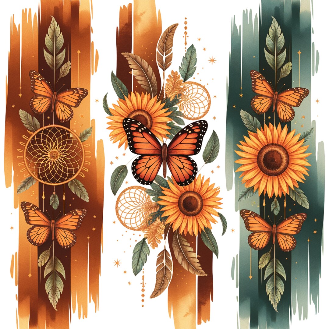 Boho Butterfly and Sunflower Digital Wall Art, Nature Themed Printable ...