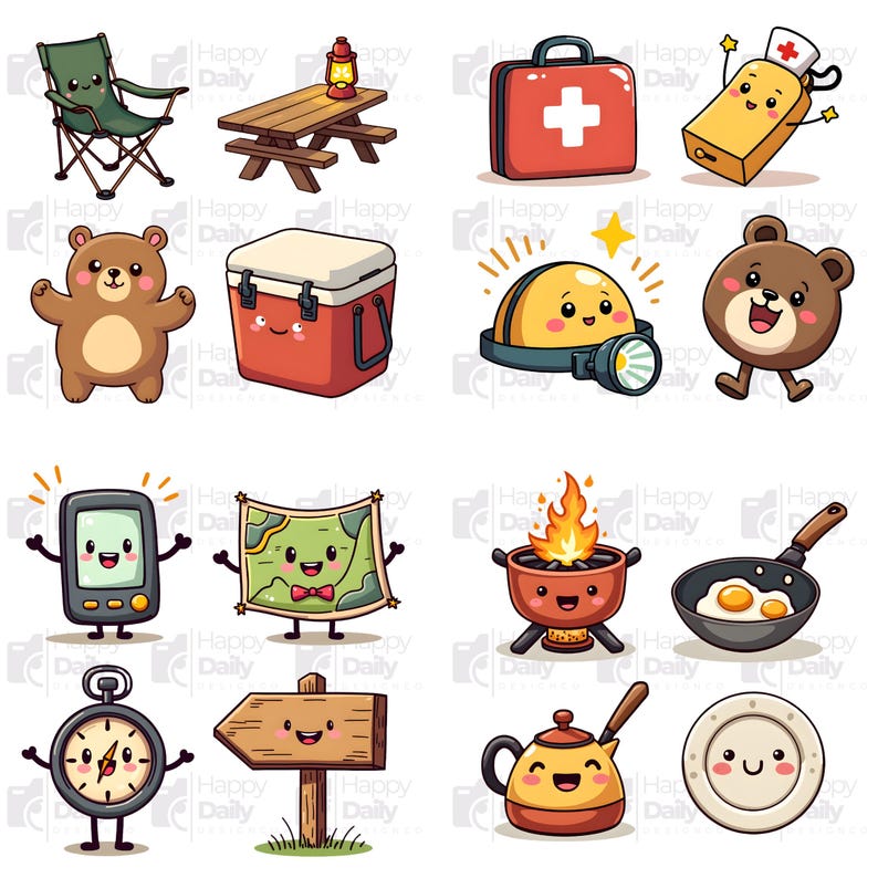 Cartoon Camping Gear Digital Clipart Bundle, Cute Camp Illustrations ...