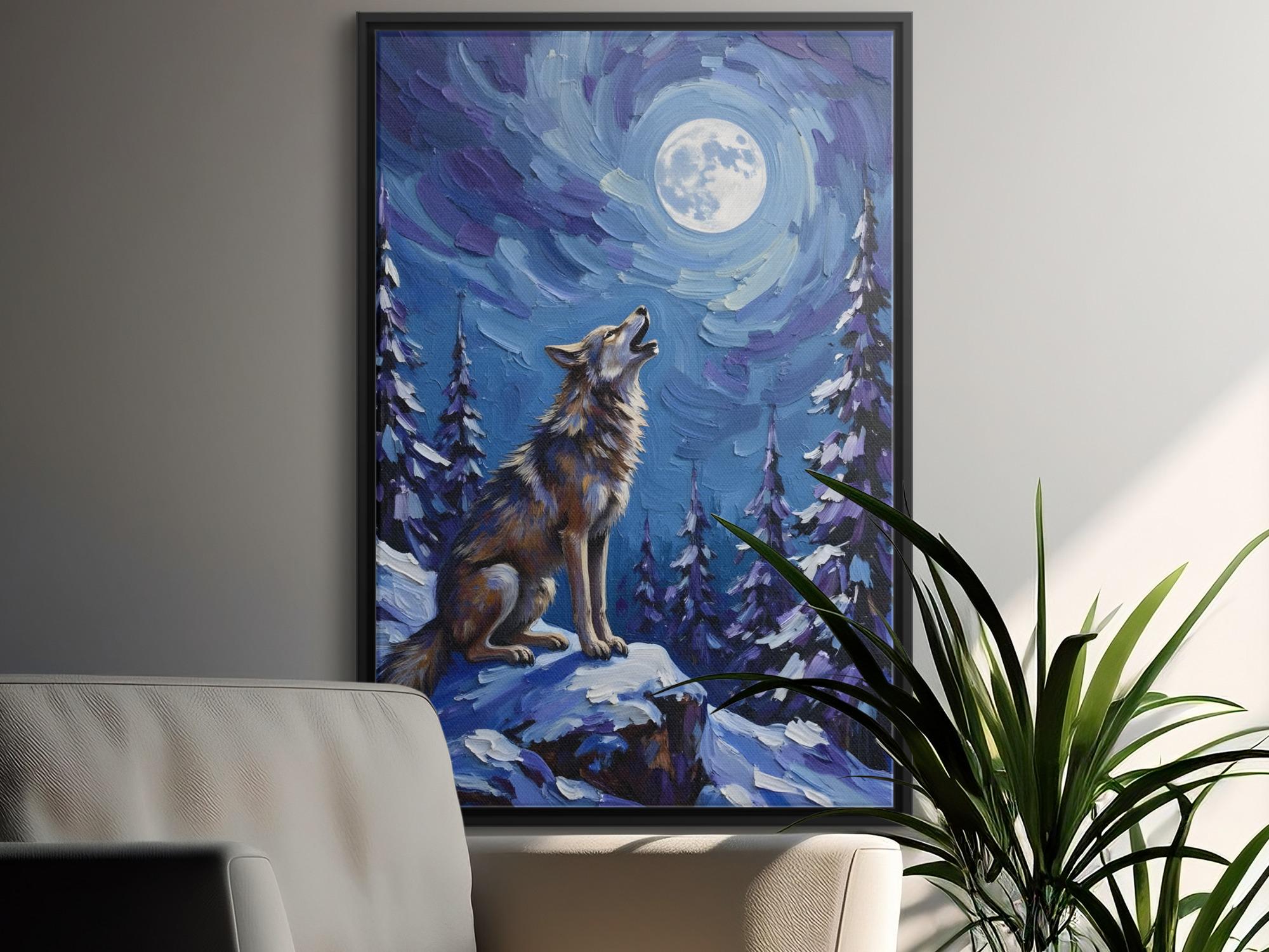 Wolf Howling Moon Digital Art, Oil Paint Style, Winter Forest Scene ...