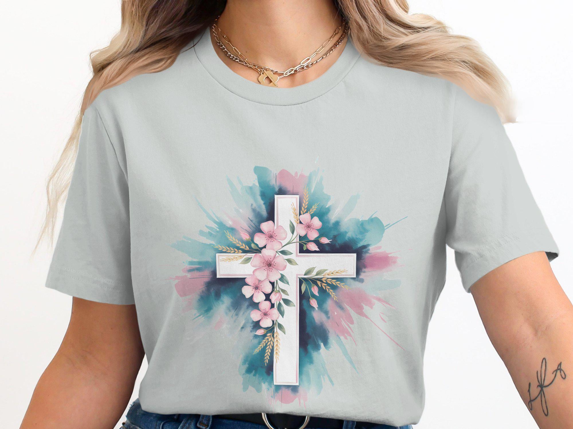 Christian Cross Watercolor Art, Floral Splash Wall Decor, Digital ...