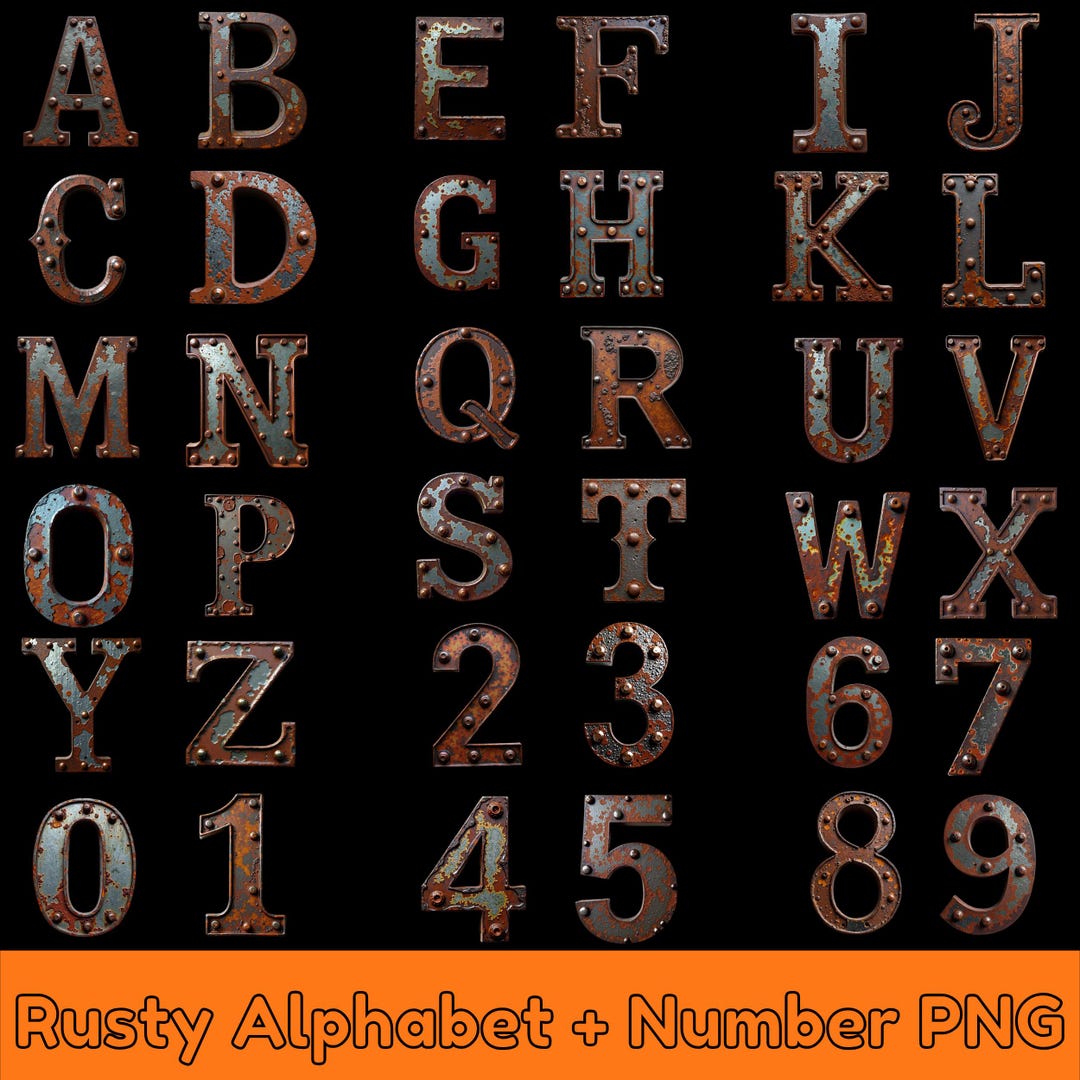 Vintage Industrial Rusty Metal Alphabet and Number PNG Bundle, Digital ...