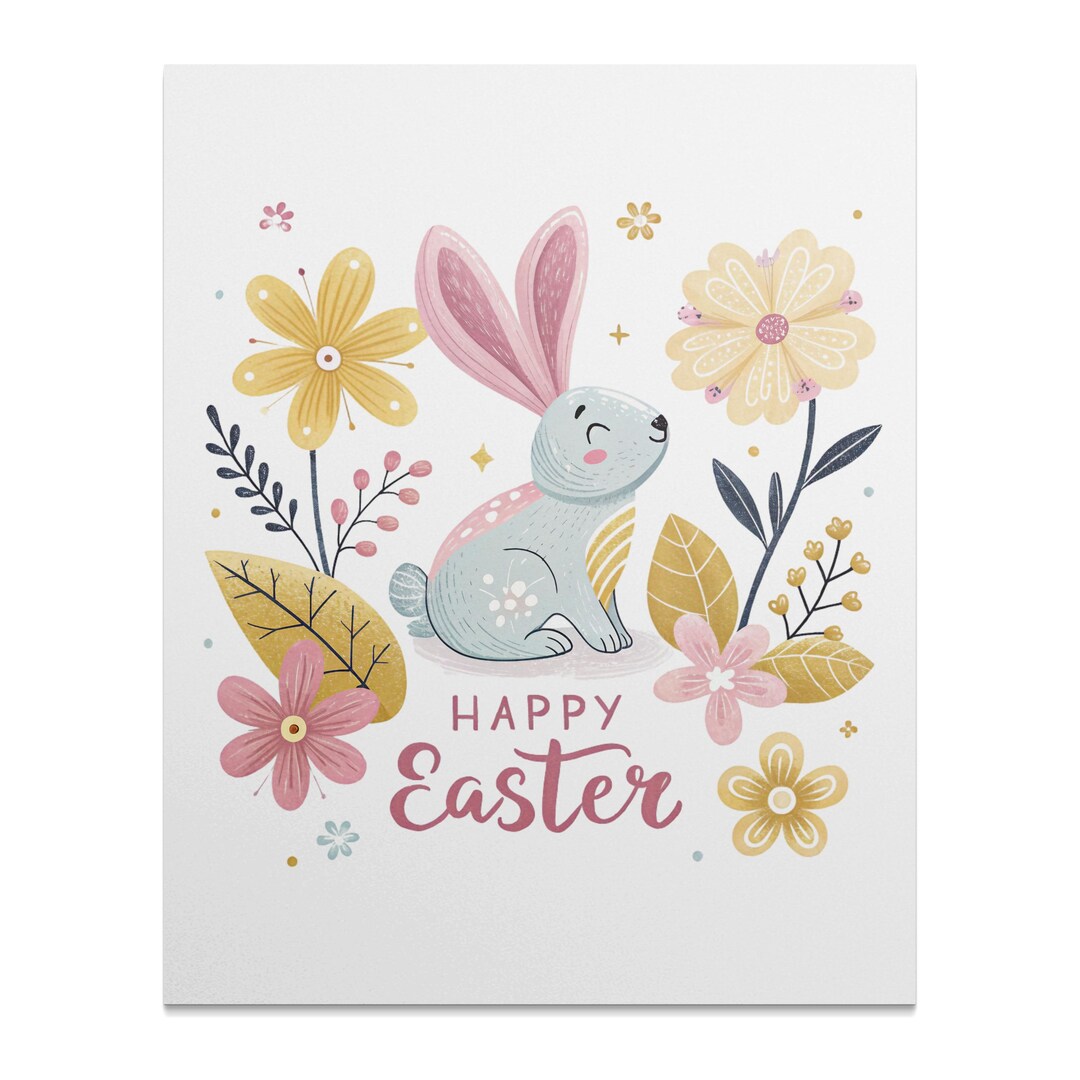 Printable Easter Bunny Art Print, Cute Spring Wall Decor, Happy Easter ...