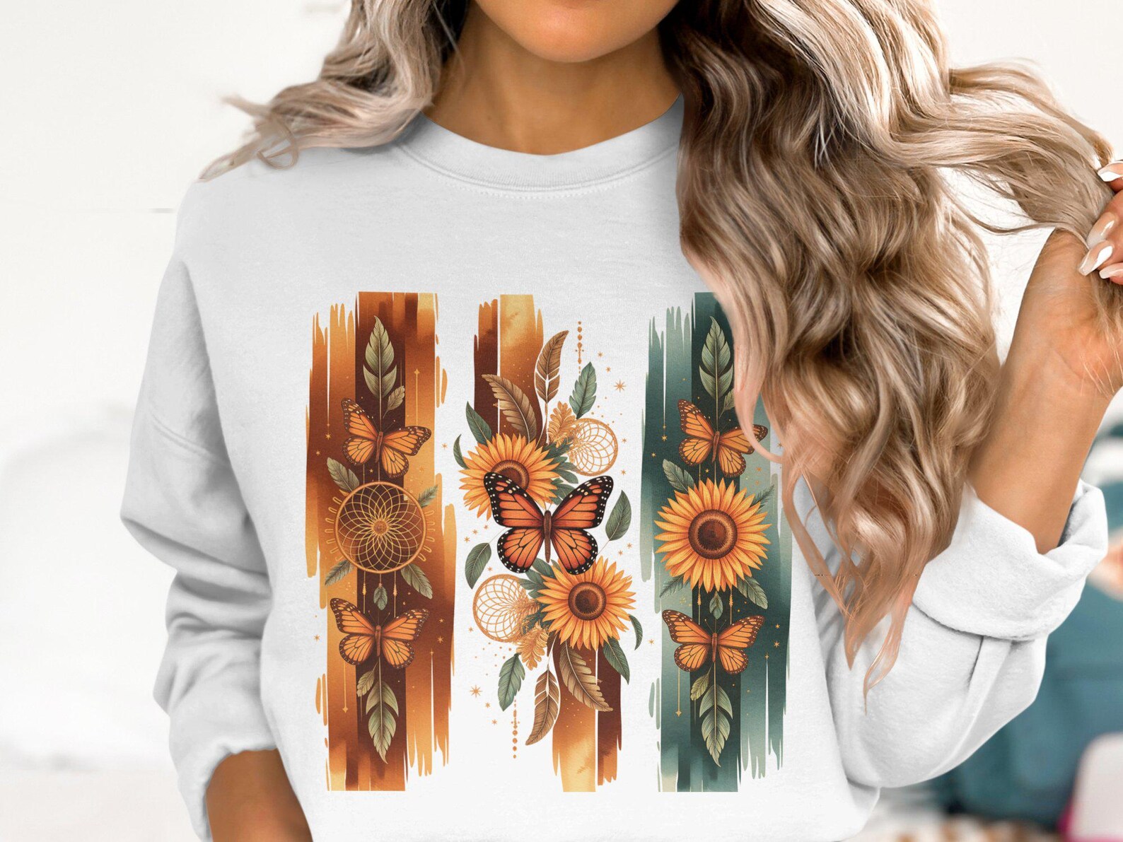 Boho Butterfly and Sunflower Digital Wall Art, Nature Themed Printable ...