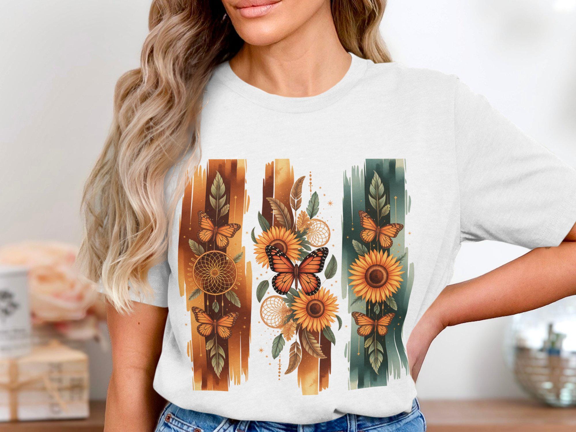 Boho Butterfly and Sunflower Digital Wall Art, Nature Themed Printable ...