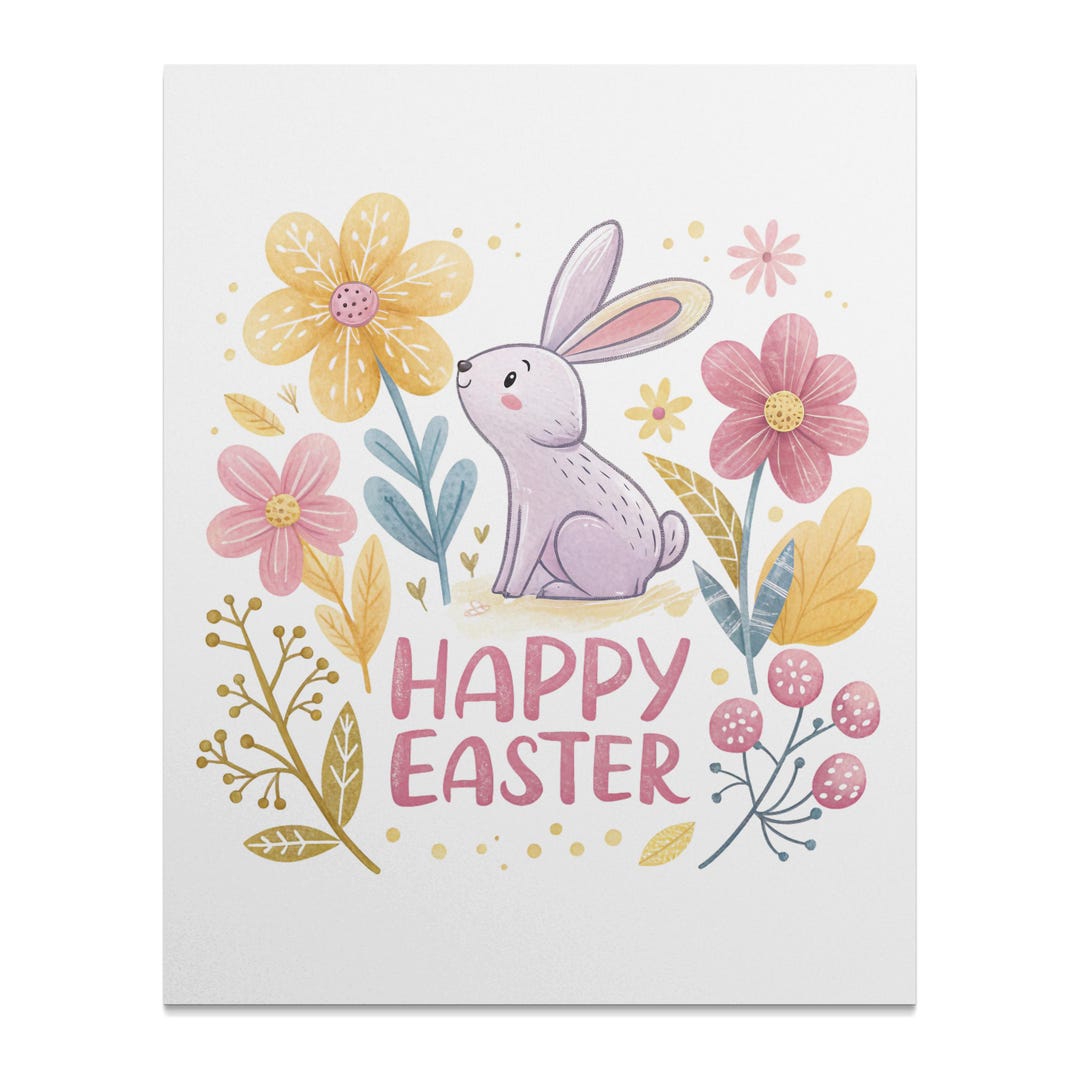 Cute Rabbit Happy Easter Digital Print, Spring Floral Bunny Art, Easter ...