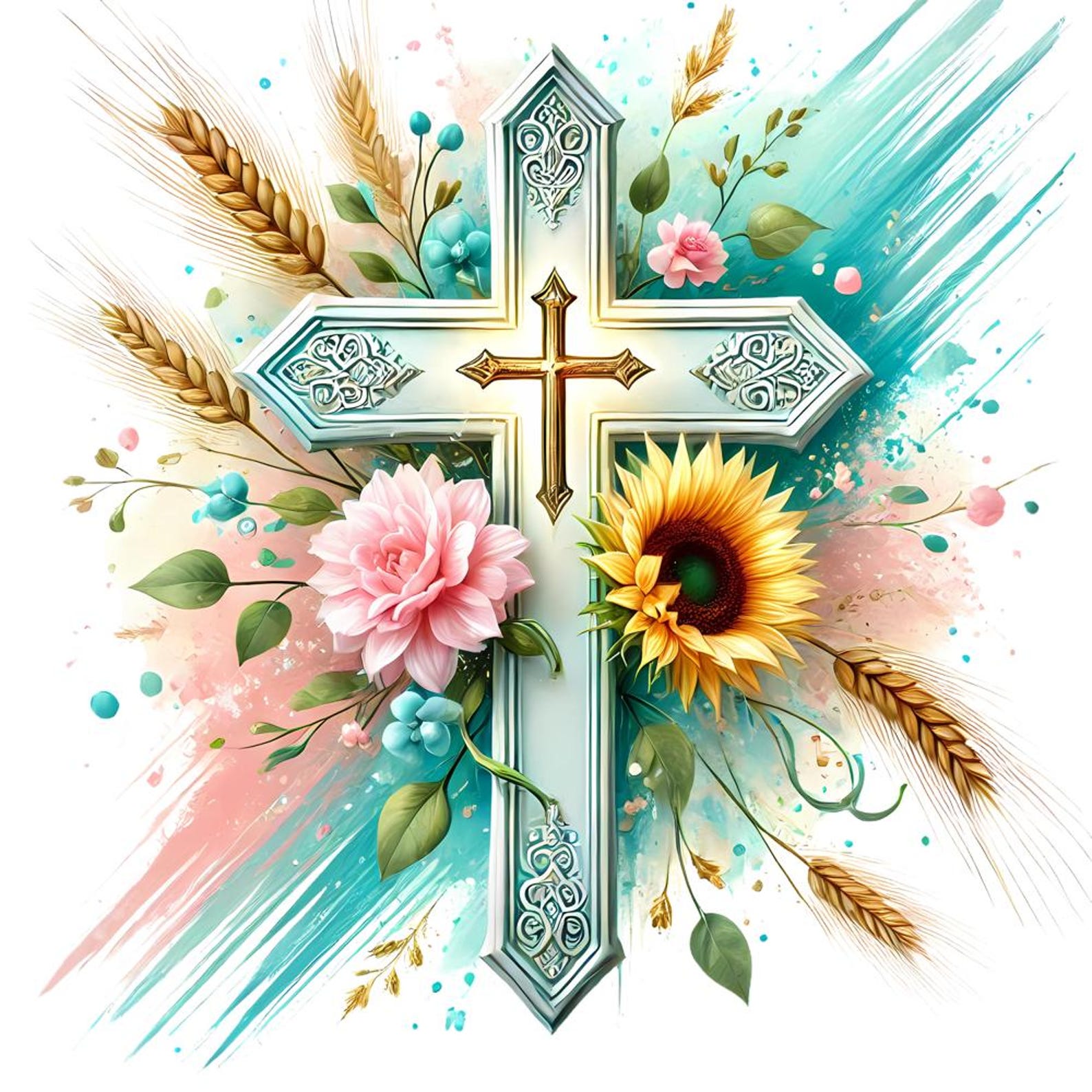 Religious Cross With Floral Design, Vintage Cross Digital Art ...