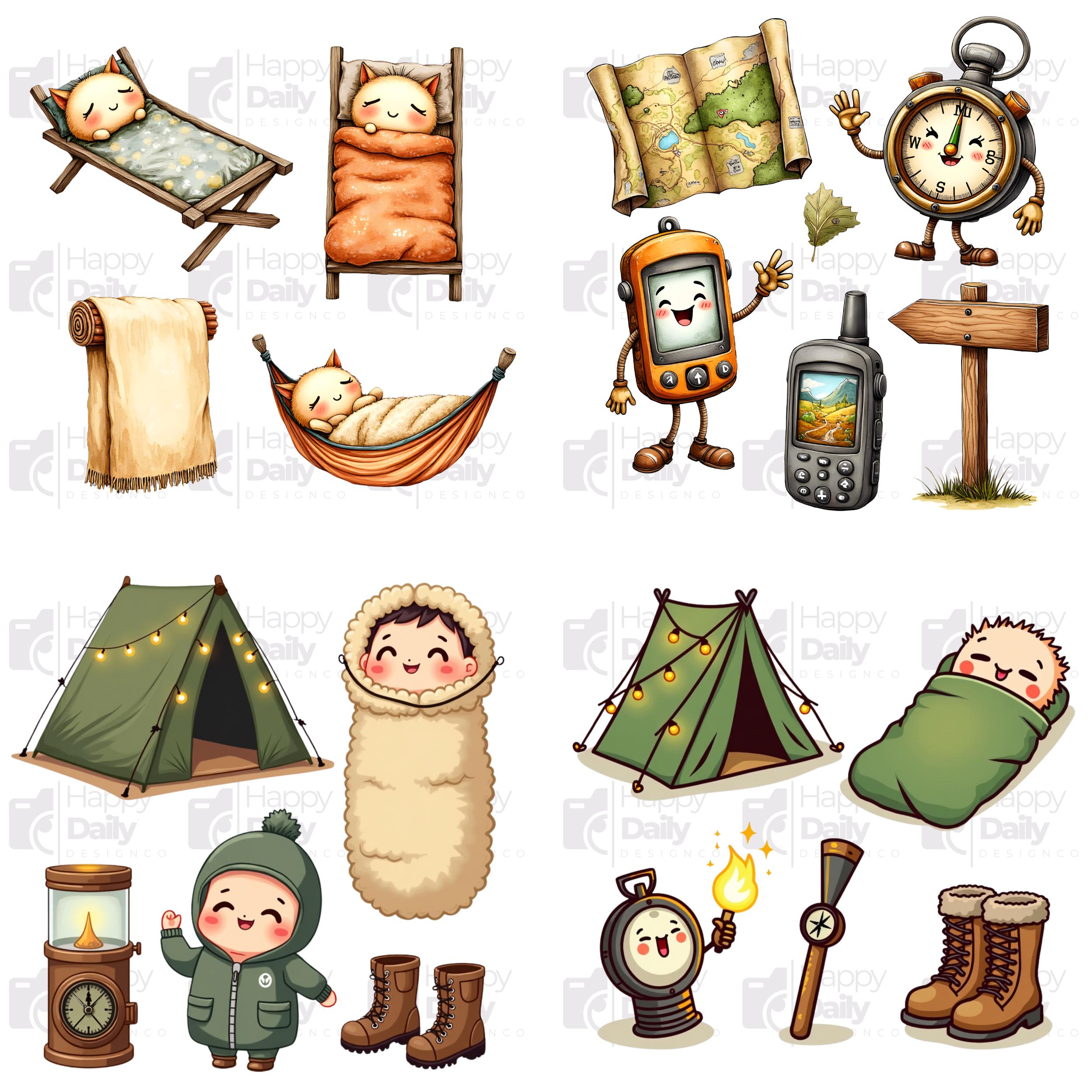 Cartoon Camping Gear Digital Clipart Bundle, Cute Camp Illustrations ...