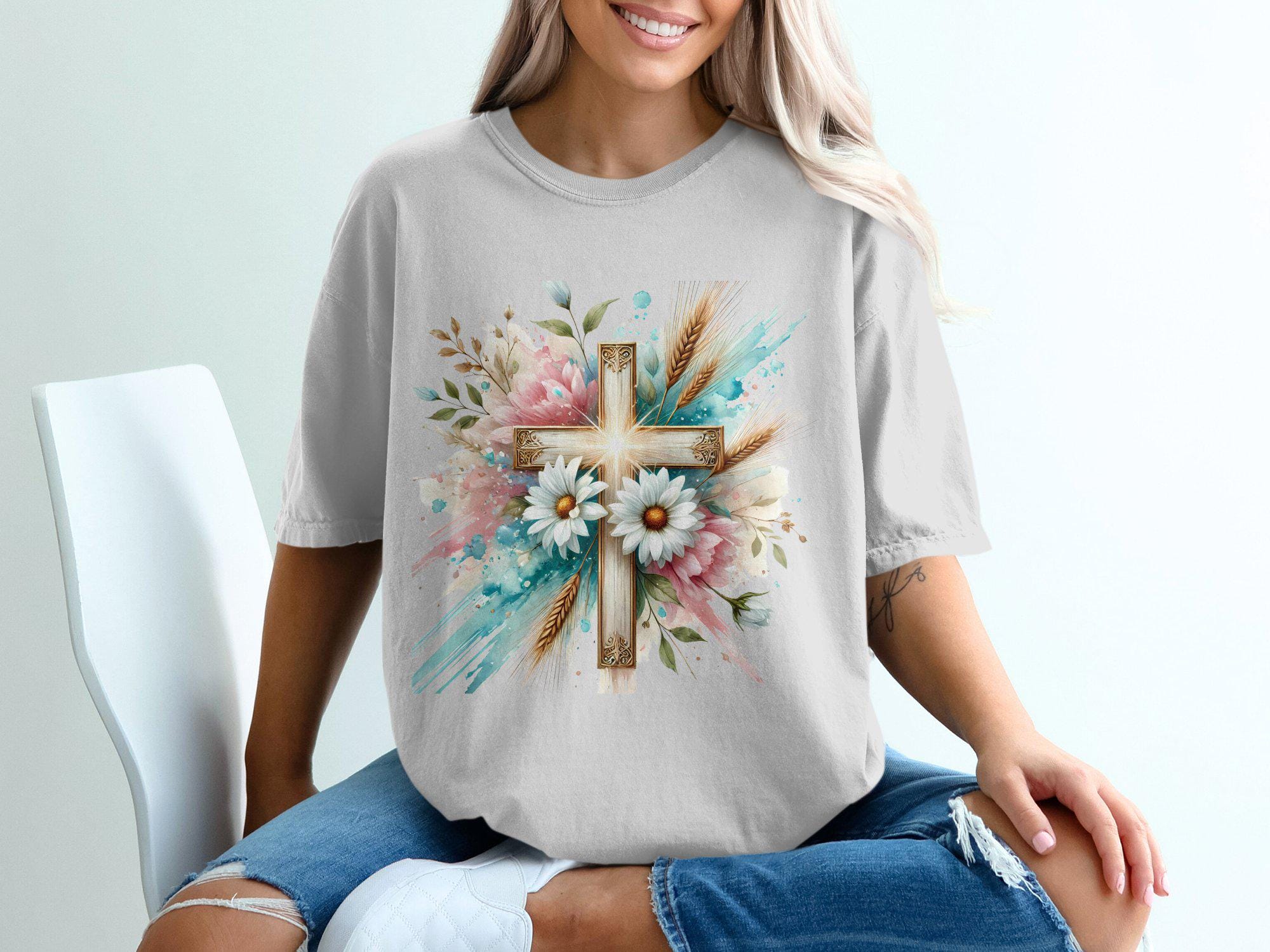 Floral Cross Watercolor Art, Christian Digital Print, Faith Wall Decor ...