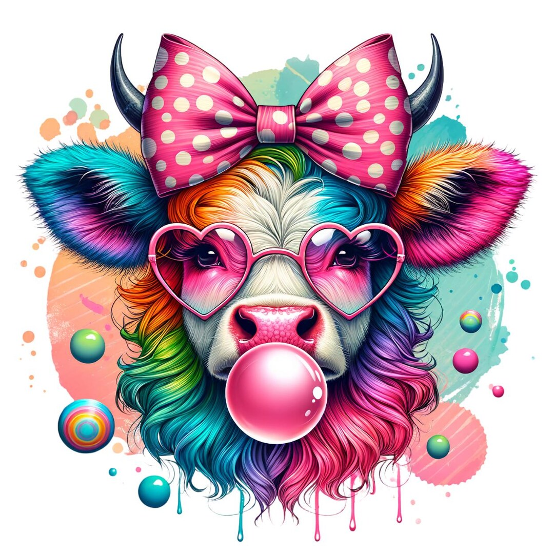 Colorful Cow Graphic PNG, Rainbow Cow With Glasses and Bow, Cute Cow ...