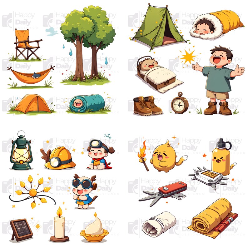 Cartoon Camping Gear Digital Clipart Bundle, Cute Camp Illustrations ...