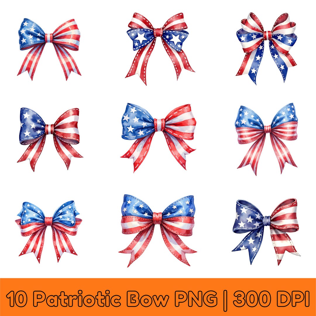 Patriotic Bow Watercolor Digital PNG Bundle, USA Flag Bow Clip Art ...