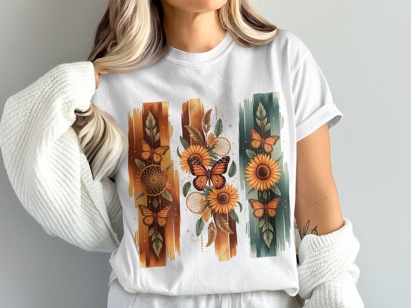 Boho Butterfly and Sunflower Digital Wall Art, Nature Themed Printable ...