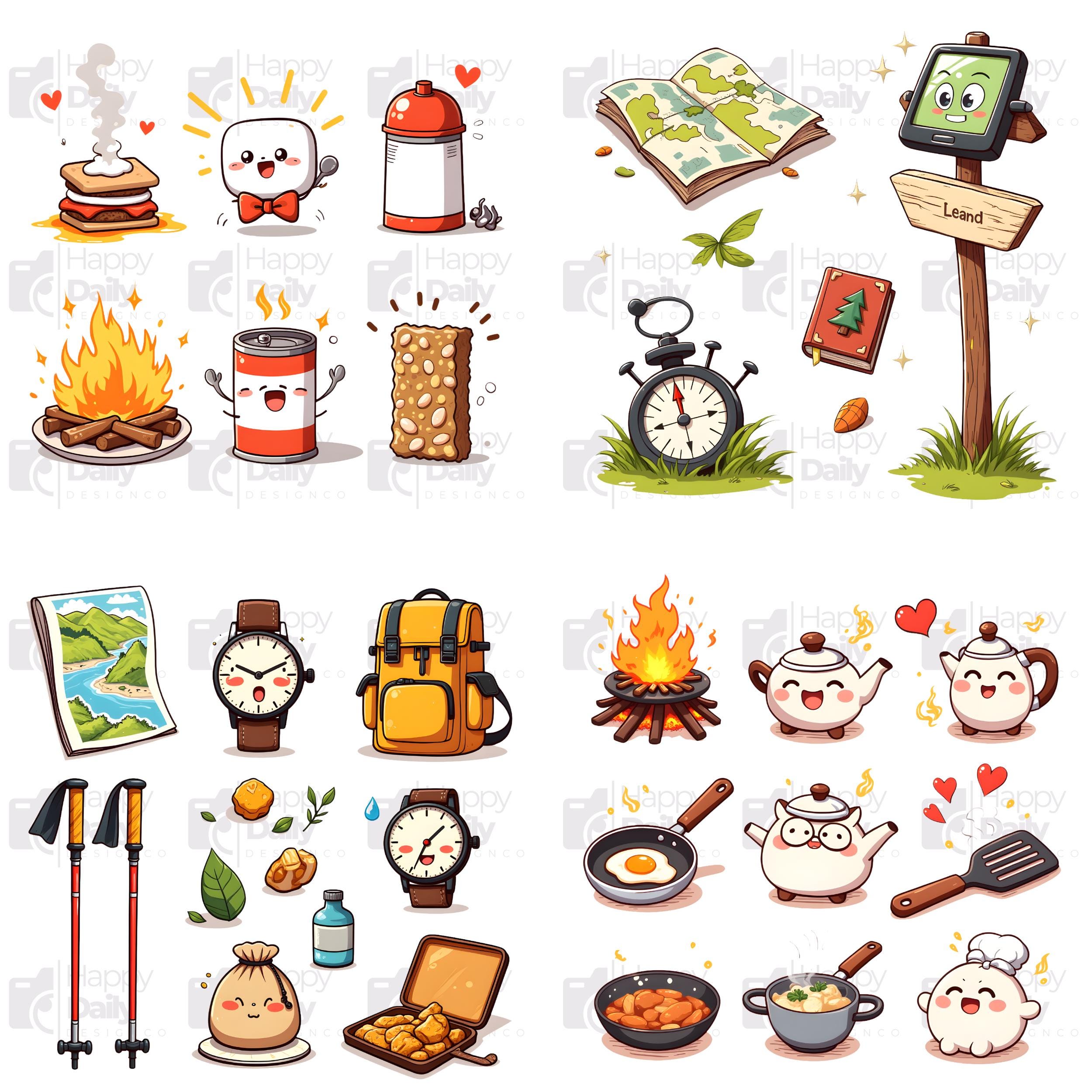 Cartoon Camping Gear Digital Clipart Bundle, Cute Camp Illustrations ...