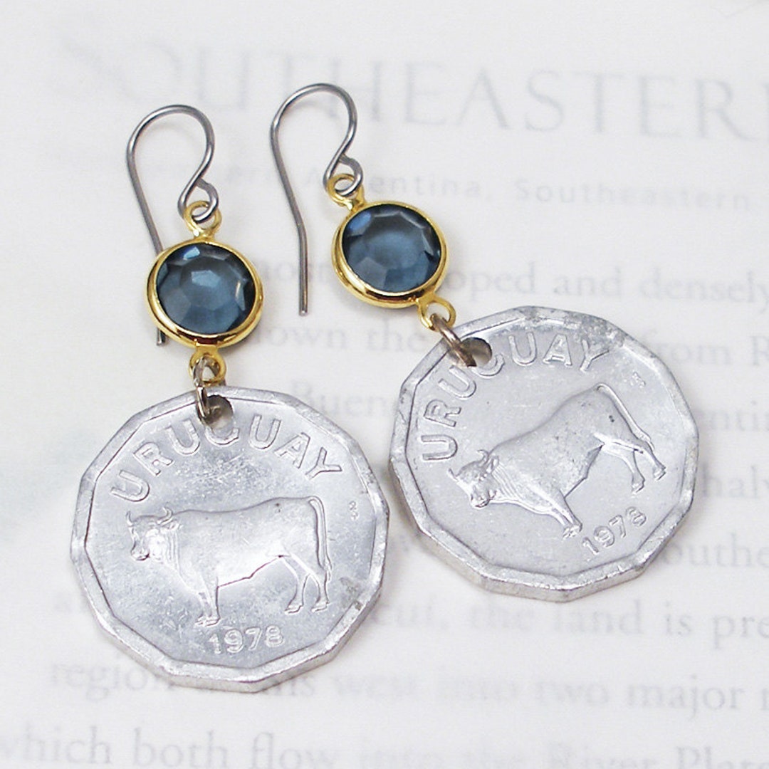 Uruguay, Vintage Coin Earrings -- Happy Cows -- Bull - Steer - Taurus ...