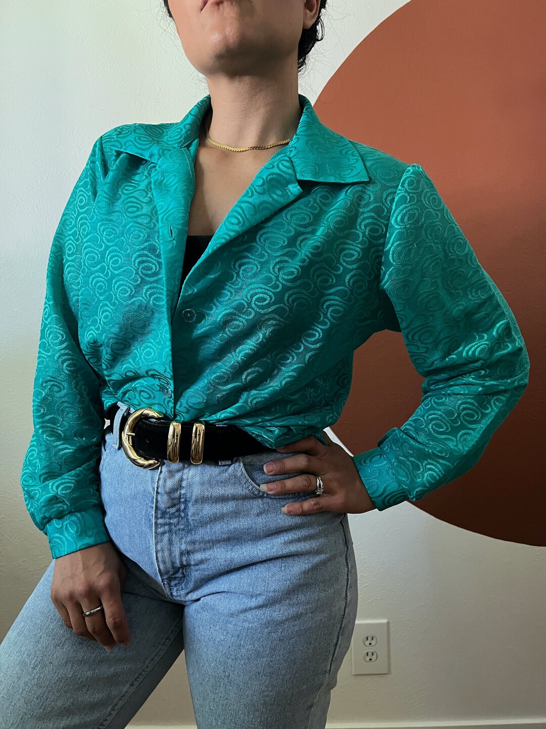Vintage 80s Medium Sheer Green Button Down Blouse / Retro Spiral ...