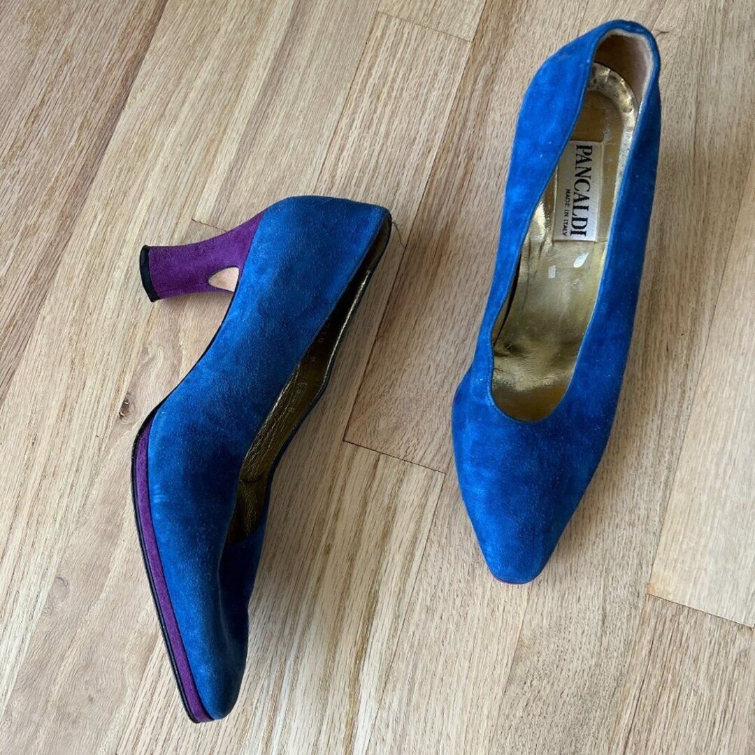 Vintage Square Toe Pancaldi Suede Blue Purple Heels Pumps Size 8B ...
