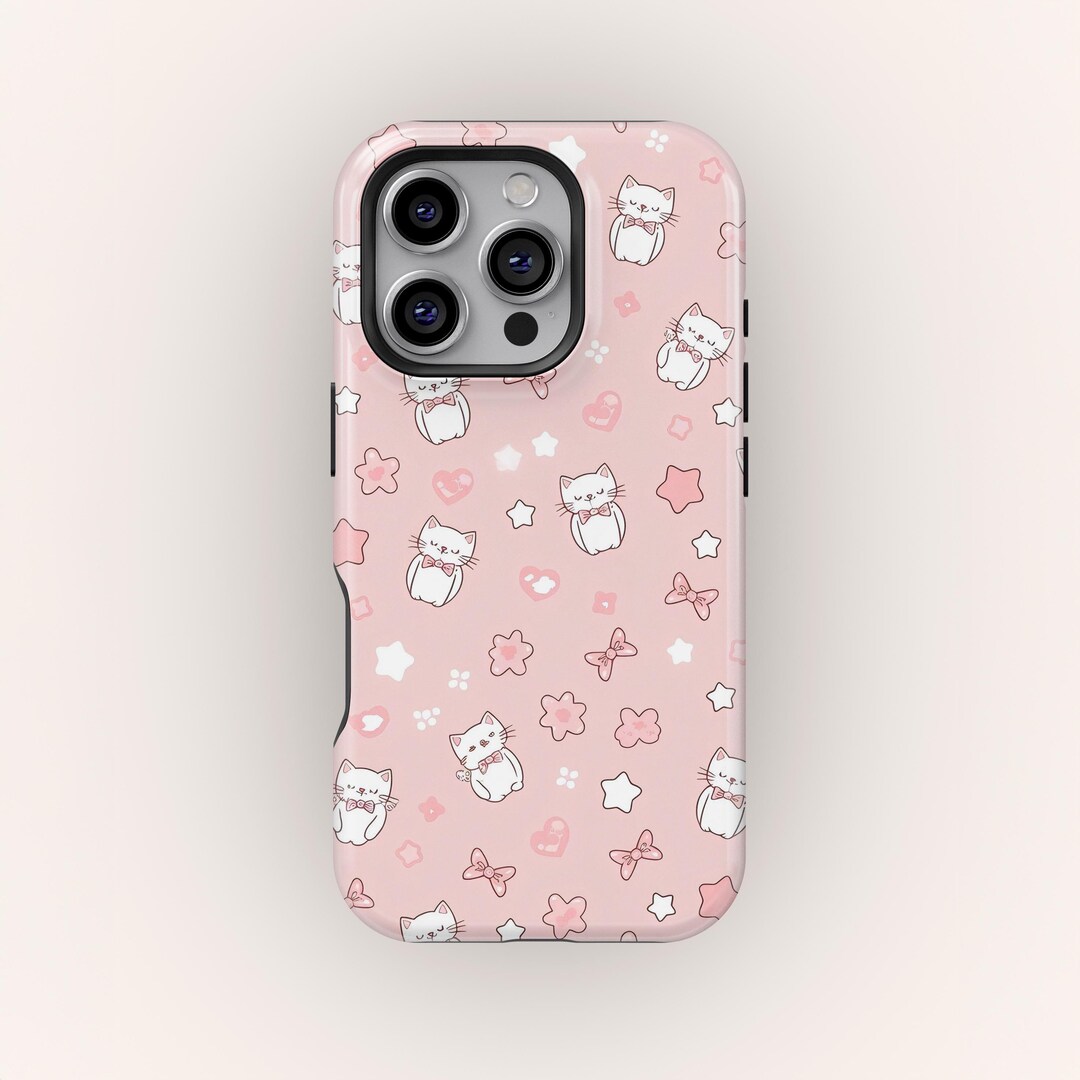 Kawaii White Cat Pastel Pink Phone Case, Shockproof Cat Lover Gift ...
