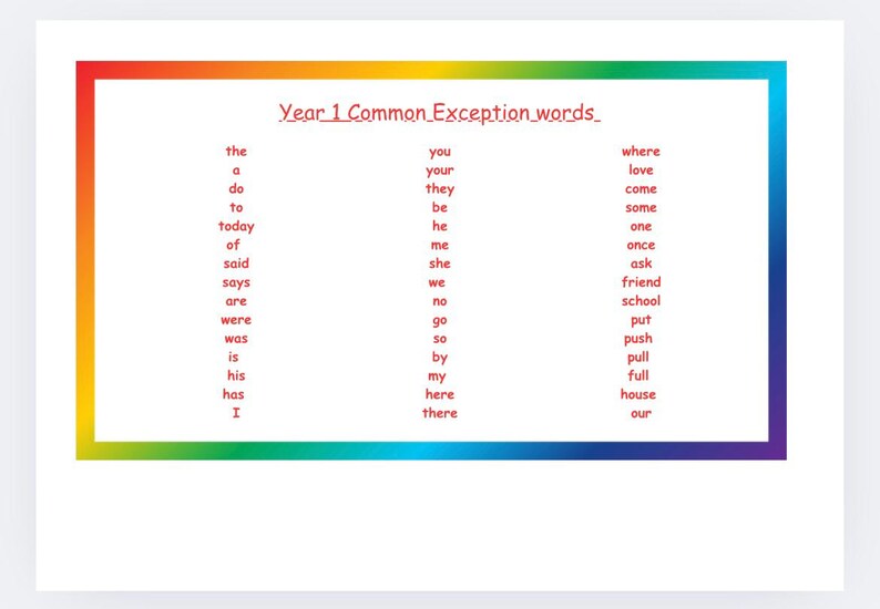 Year 1 Common Exception Words. - Etsy