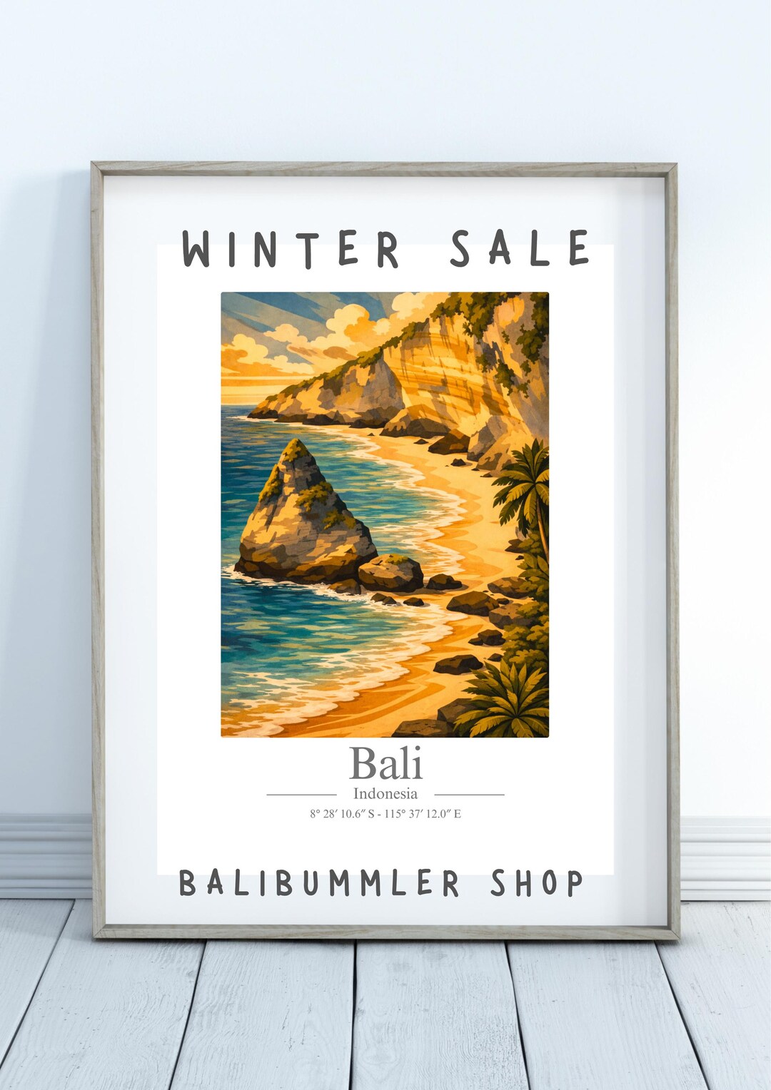 Diamond Beach Bali Coordinates Poster – Illustrated Nusa Penida Wall ...