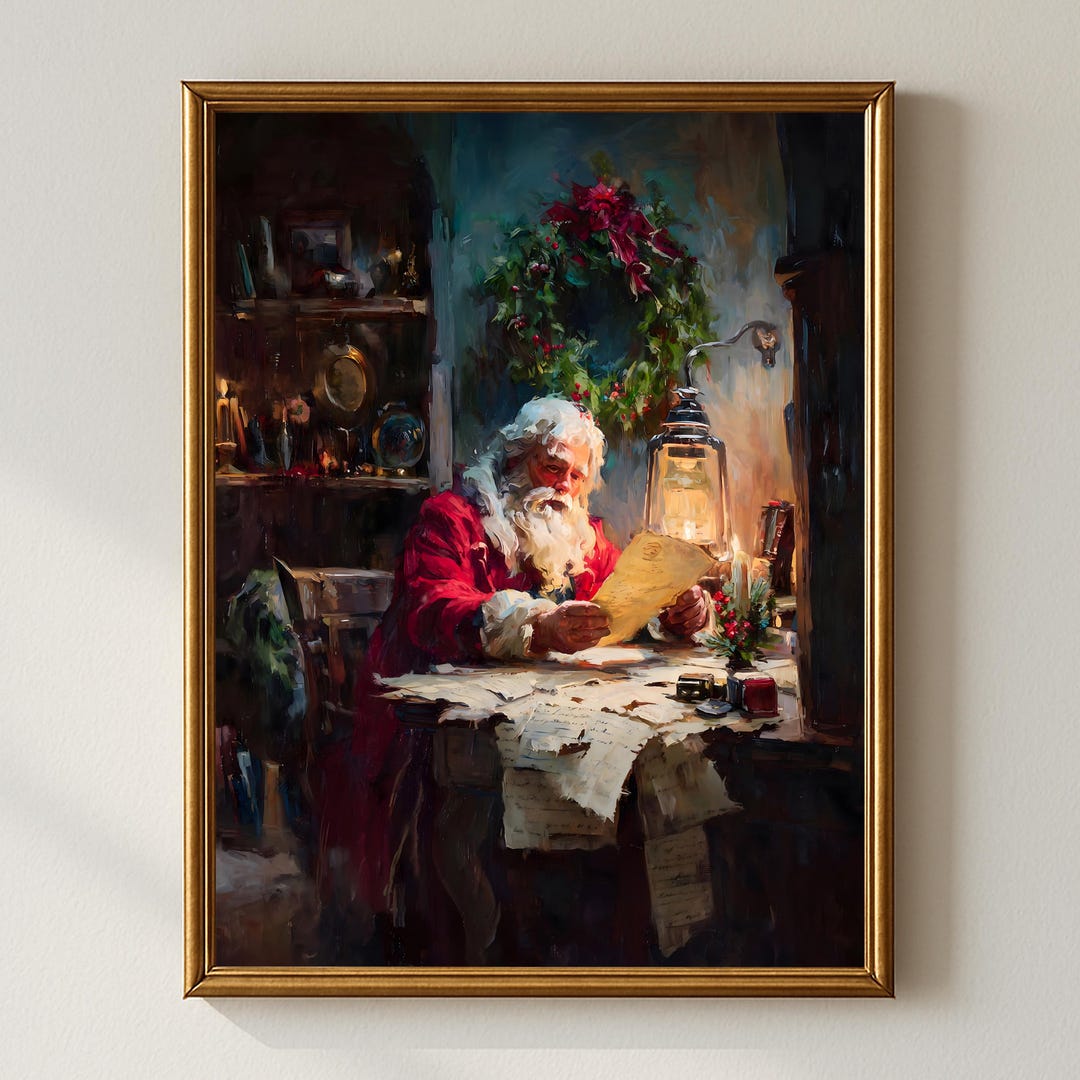 Santa Writing Letters at Rustic Desk With Lantern and Wreath, Vintage ...