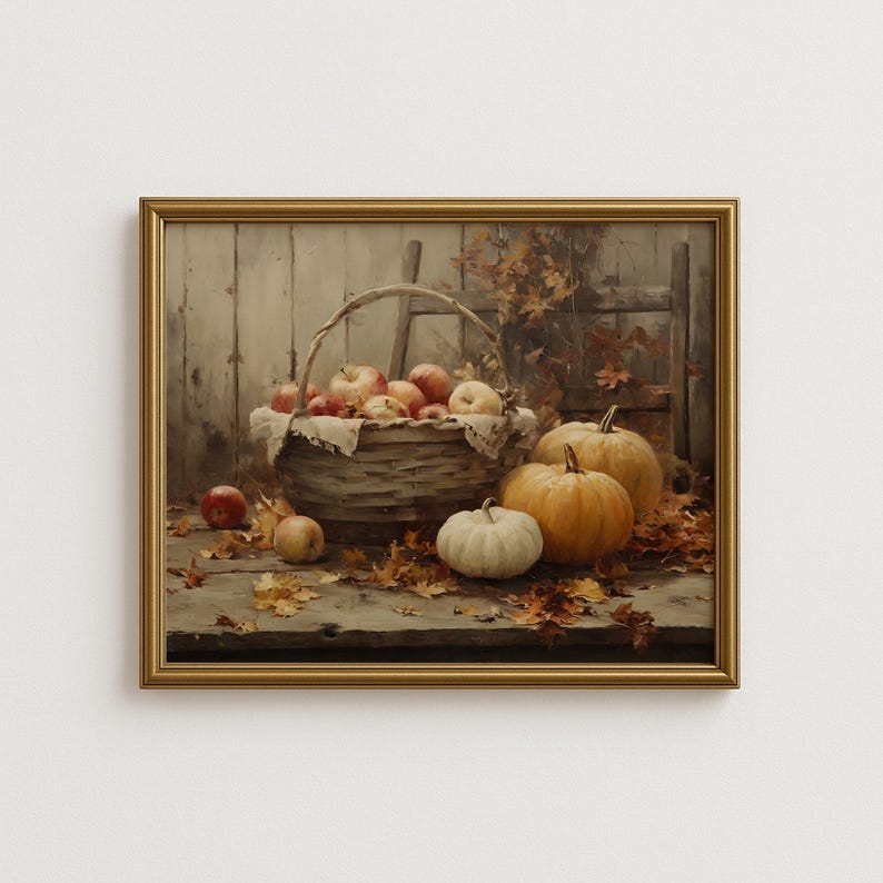 Autumn Harvest Wall Art | Basket of Apples With Pumpkins and Rustic ...