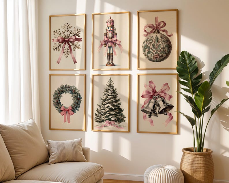 6 Vintage Pink Christmas Wall Art Set, Nursery Holiday Printable Decor ...