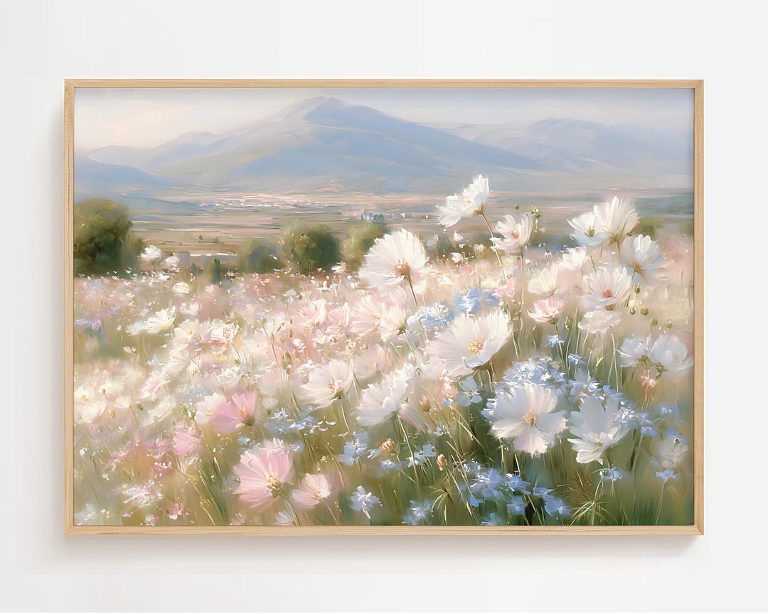 Pastel Flower Field Wall Art | Romantic Countryside Painting ...