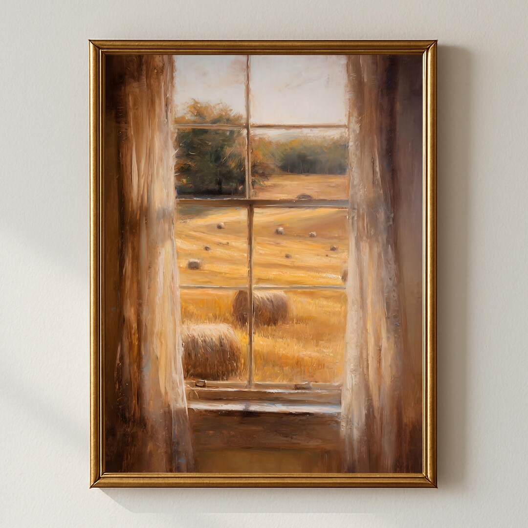 Farmhouse Autumn Hay Bale Painting Print, Rustic Window View (digital ...