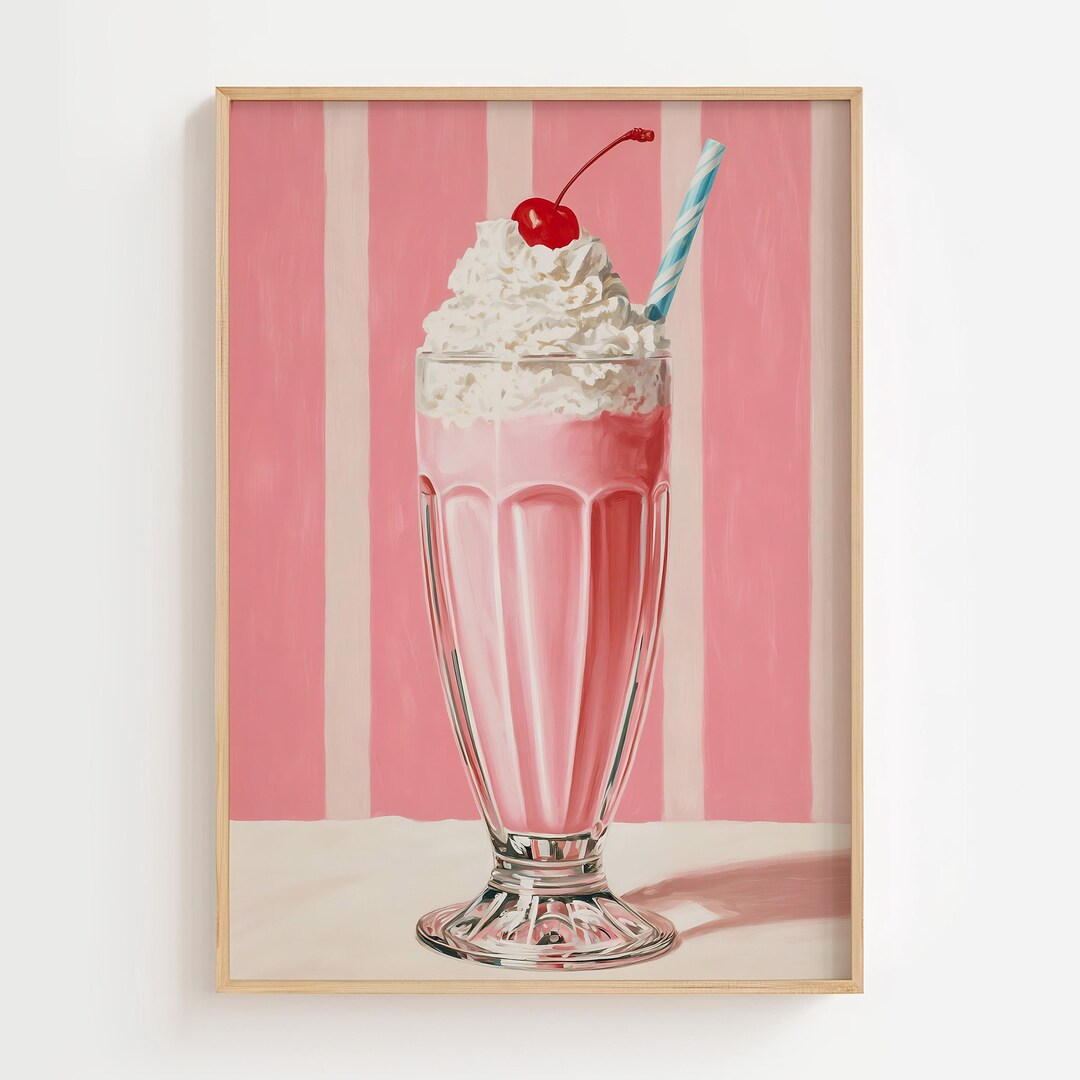 Pink Strawberry Milkshake Wall Art, Retro Diner Pop Art Print, Whipped ...