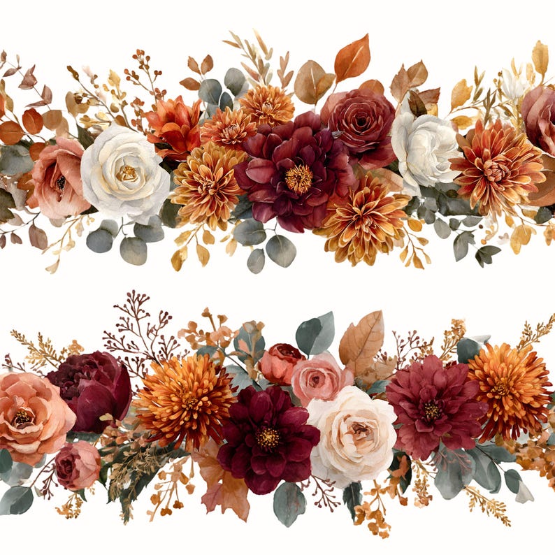 Rustic Romance Autumn Wedding Clipart, Burgundy Fall Floral Pngs ...