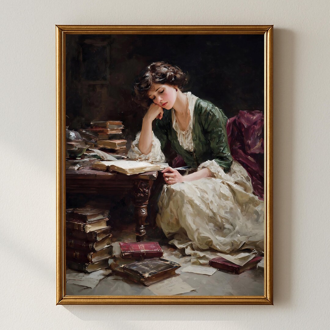Vintage Woman Reading Wall Art, Elegant Lady With Books Painting ...