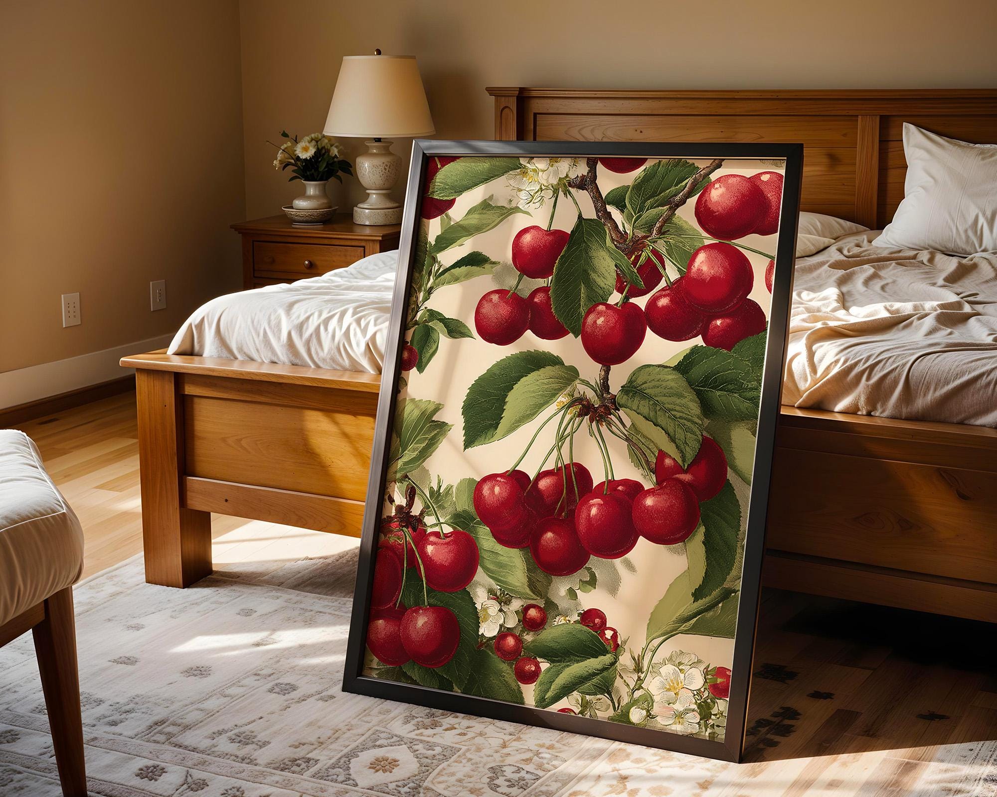 Vintage Cherry Botanical Wall Art | Kitchen Fruit Print | Red Cherry ...