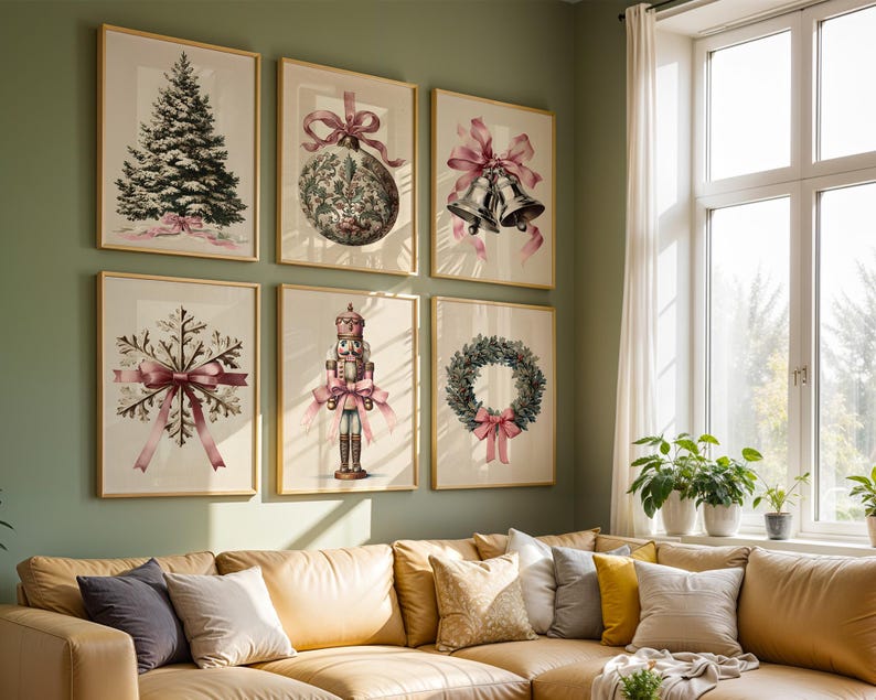 6 Vintage Pink Christmas Wall Art Set, Nursery Holiday Printable Decor ...