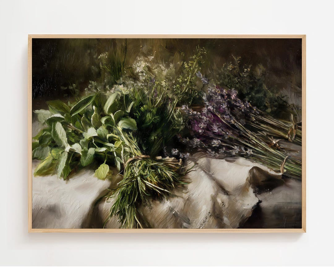 Vintage Herb Still Life Painting Print, Botanical Kitchen Wall Art - Etsy