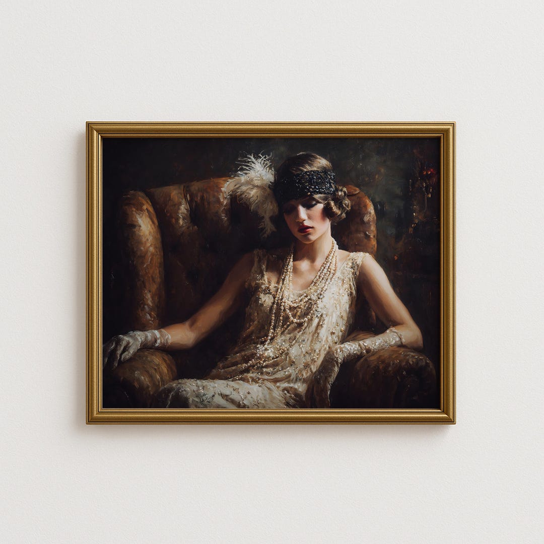 Vintage Flapper Wall Art | 1920s Lady Reclining in Chair With Beaded ...