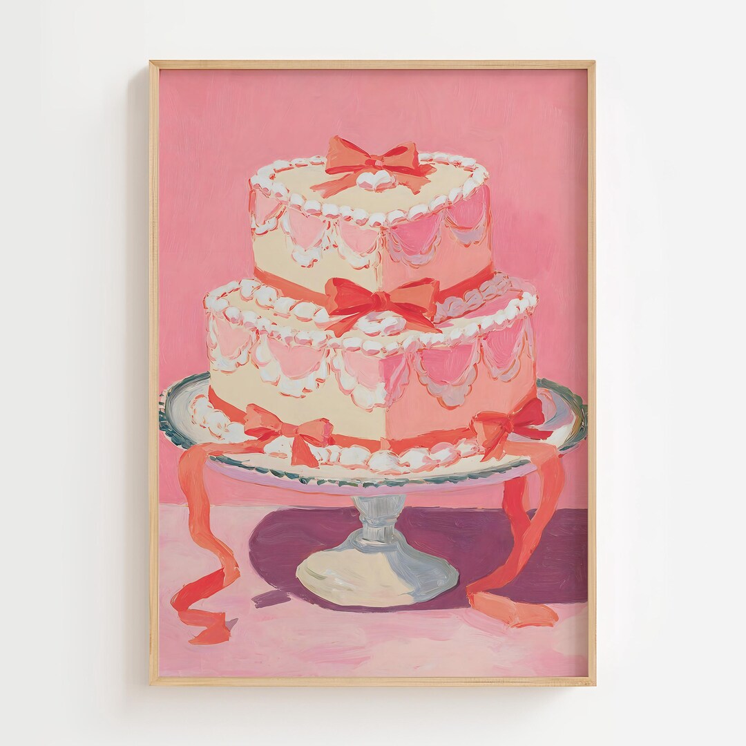 Coquette Pink Cake Art Print, Two Tier Ribbon Cake Painting, Girly ...