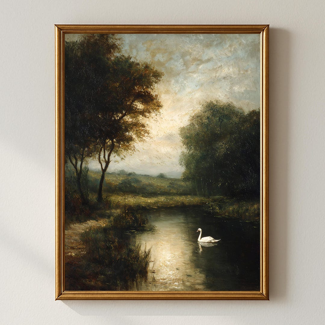 Swan at Sunset Wall Art, Vintage Landscape Oil Painting, Romantic ...